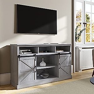 BELLEZE Modern 52 Inch Farmhouse Highboy TV Stand & Media Entertainment Center Console Table for TVs up to 55 Inch with Sliding Barn Door and Storage Cabinets - Parker (Stone Gray)