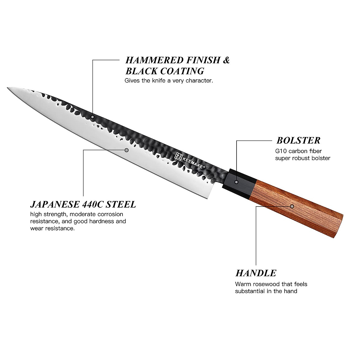 KEEMAKE Sushi Knife 10 inch, Sashimi Knife with 440C Stainless Steel Blade Yanagiba Knife, Japanese Sushi Knife with G10 Bolster and Octagonal Rosewood Handle Carving Knife with Gift Box