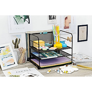 CAXXA 4 Tier Mesh Document Trays with Vertical Upright Section for Hanging File Holders, Mesh Office Supplies Desk Organizer, Black
