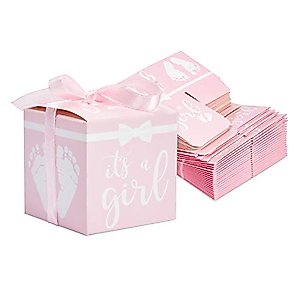 Sparkle and Bash Its a Girl Baby Shower Party Favor Boxes with Ribbons (Pink, 50 Pack)