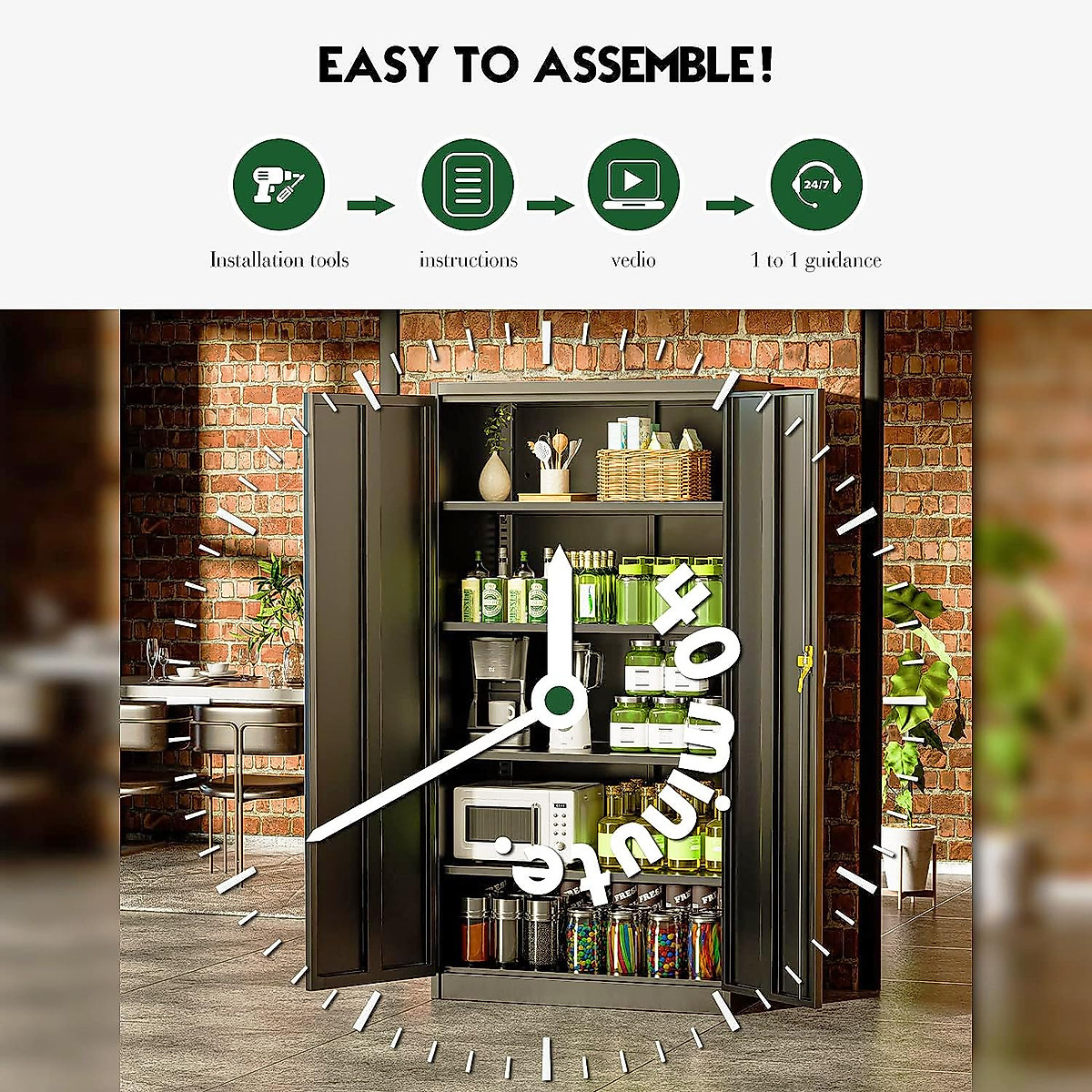 Greenvelly Metal Cabinet, 72” Black Tool Steel Locking Cabinet with Doors and 4 Shelves, Tall Cabinets for Garage Storage Systems Lockable File Cabinet for Home Office, Classroom/Pantry