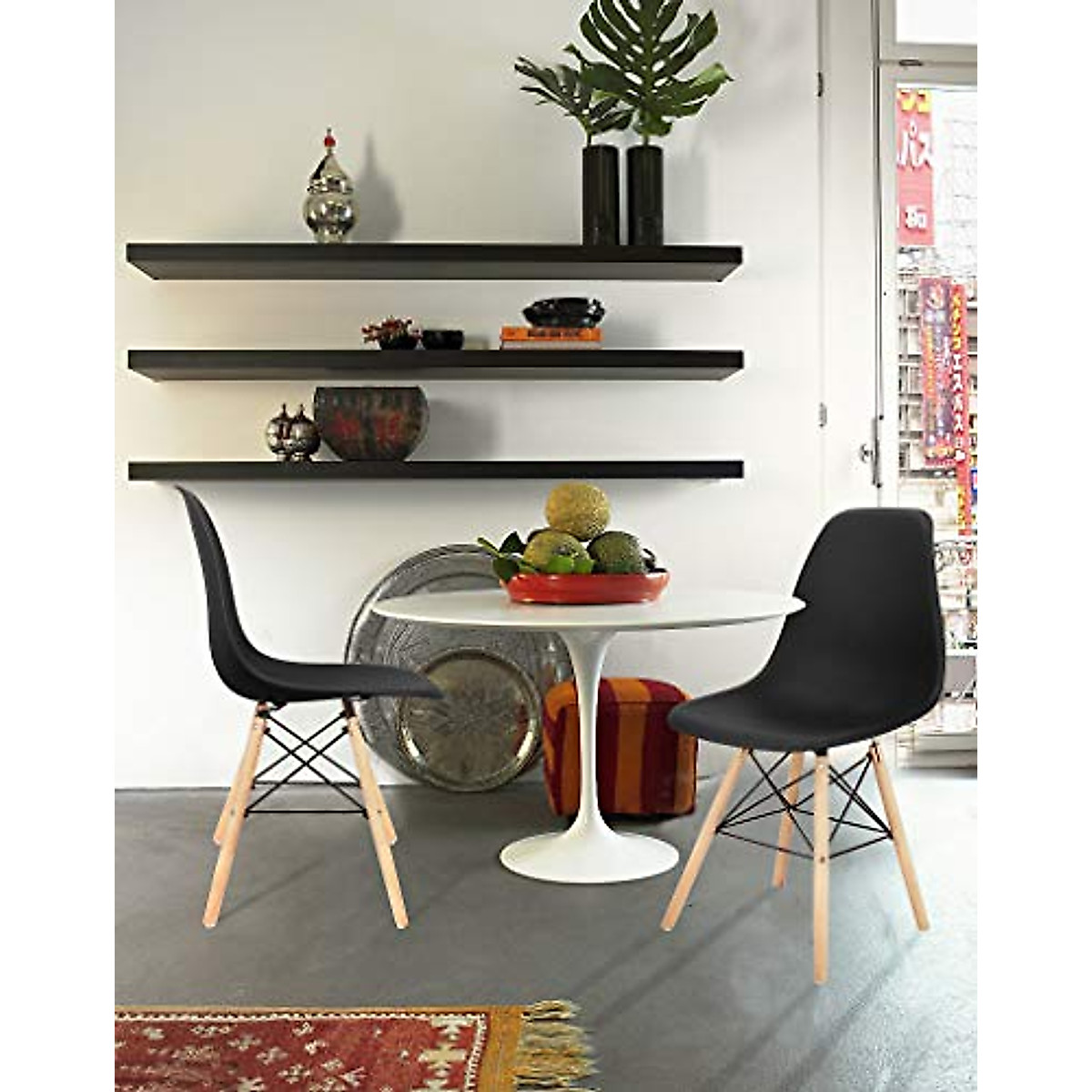 ExAchat A Set of 4 Scandinavian Design Plastic Dining Chairs with Natural Beech Legs for Dining Room, Bedroom, Lounge or Office. (Black)