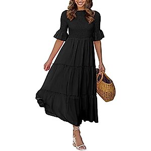 LILLUSORY Women's Black Funeral Dress 2023 Summer Trendy Casual Smocked Long Ruffle Tiered Flowy Midi Maxi Boho Dresses with Sleeves Black