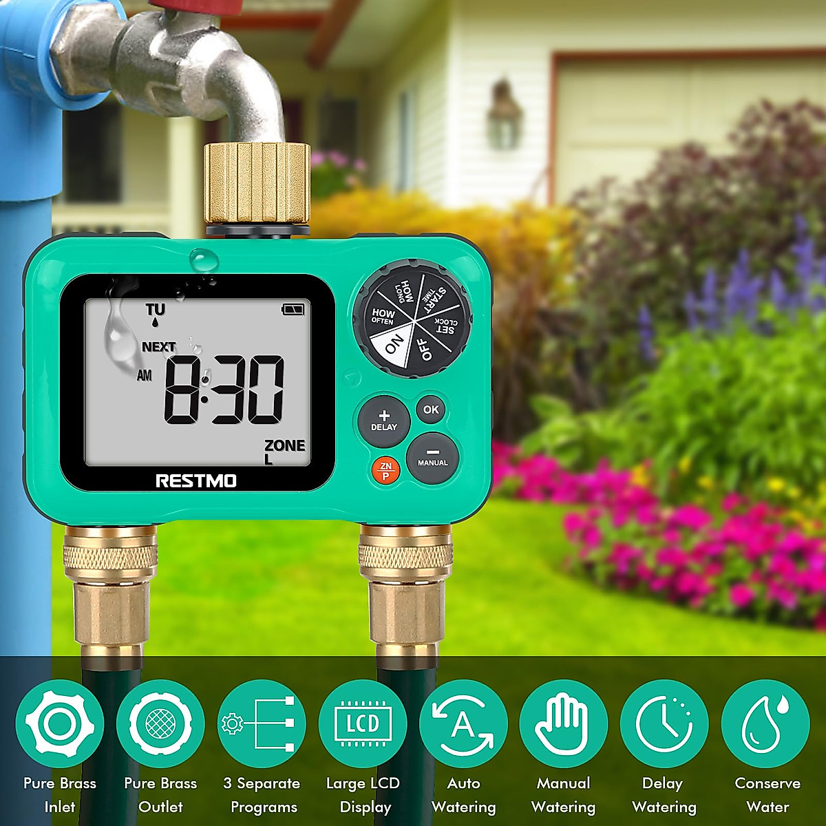 RESTMO Sprinkler Timer with Brass Inlet & Outlet, 2 Zone Programmable Water Timer for Garden Hose, 3 Separate Programs Hose Timer, Manual/Rain Delay/Automatic Watering for Drip Irrigation and Lawn