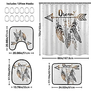 Oyihfvs Boho Ethnic Arrow and Beautiful Feathers Dream Cather 4 Pcs Shower Curtain with Matching Doormat Sets, Bath Curtain with Rugs(Bath Mat, U Shape Mat, Toilet Lid Cover Mat) with Hooks