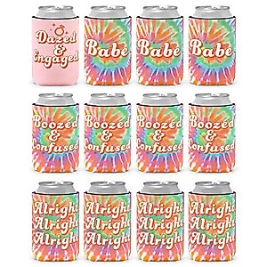 12 PCS Hippie Tie Dye Bachelorette Party Can Sleeves Dazed and Engaged Beverage Sleeves Retro Bridal Shower Party Supplies Bride Babe 60s 70s Hippie Party Decoration