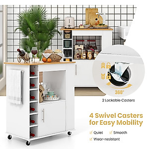 Giantex Kitchen Island, Mobile Kitchen Cart with Storage Cabinet, Bamboo Top, 6-Bottle Wine Rack, 3 Tier Spice Rack, Towel Holder, Rolling Microwave Cart for Dining Room Coffee Bar, White