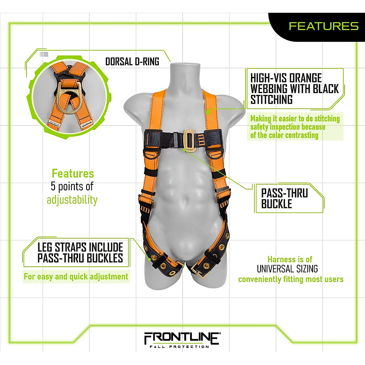 Frontline 100VTB Combat™ Economy Series Full Body Harness with Tongue Buckle Legs (Universal) | OSHA and ANSI Compliant