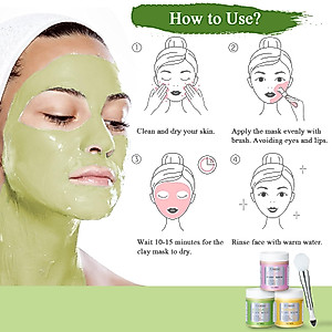 Pjordo Clay Mask Kit, Turmeric Vitamin C Clay Mask, Avocado Clay Mask, Rose Clay Mask, Facial Mask Skin Care Set for Deep Cleansing Reduce Blackheads Dark Spots, 2.82 Oz Each