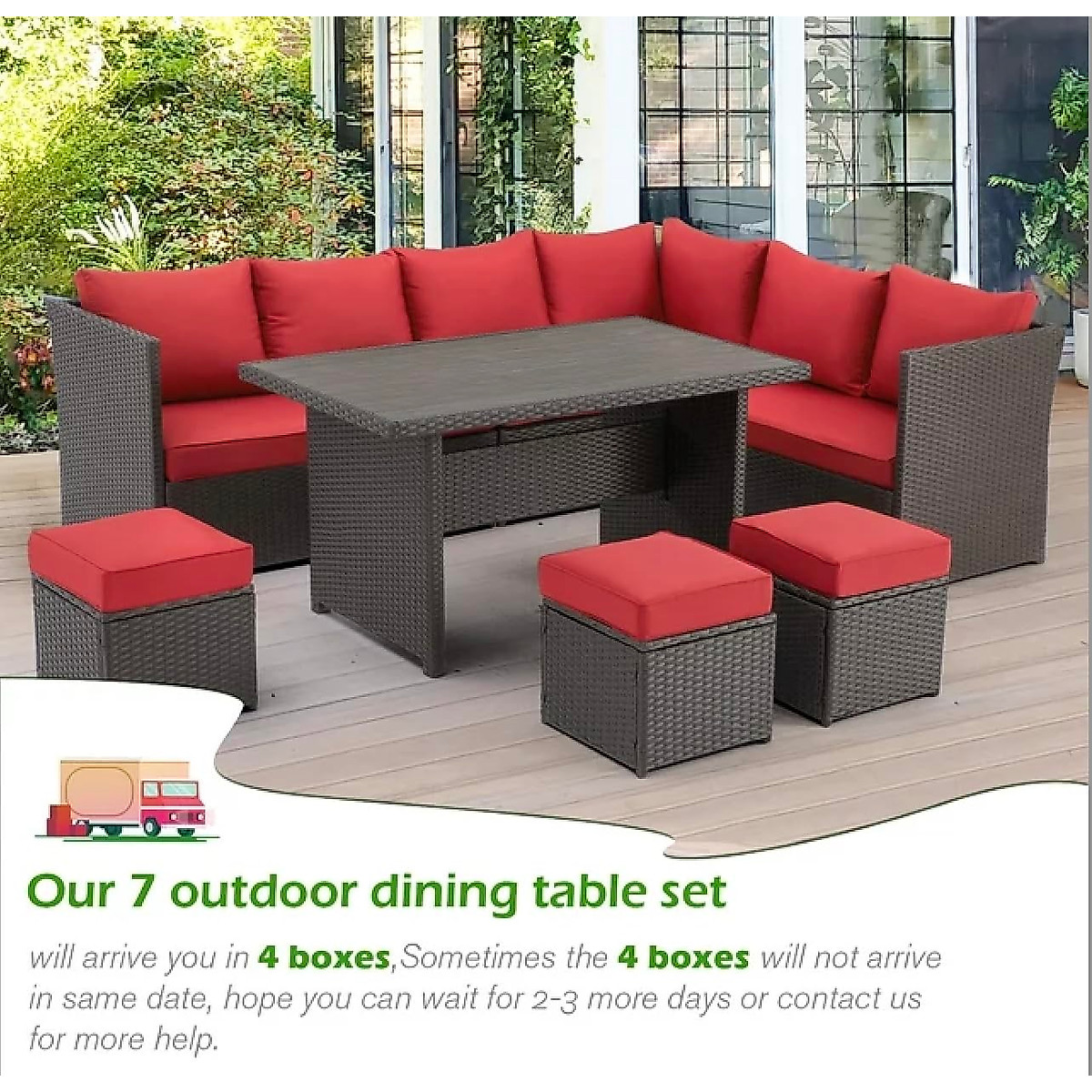 Generic 7 Piece Patio Conversation Set, Outdoor Sectional Sofa Rattan Wicker Dining Furniture, Gray (Red), dd1123