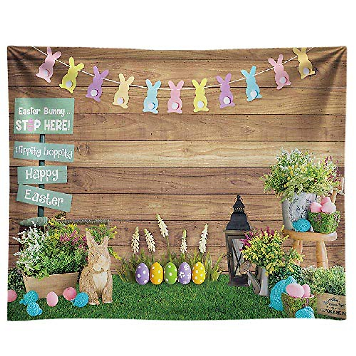 Funnytree 10x8ft Durable Fabric Spring Happy Easter Photography Backdrop No Wrinkles Rustic Wooden Wall Background Bunny Rabbit Eggs Grass Floral Baby Kids Portrait Party Decor Banner Photo Booth