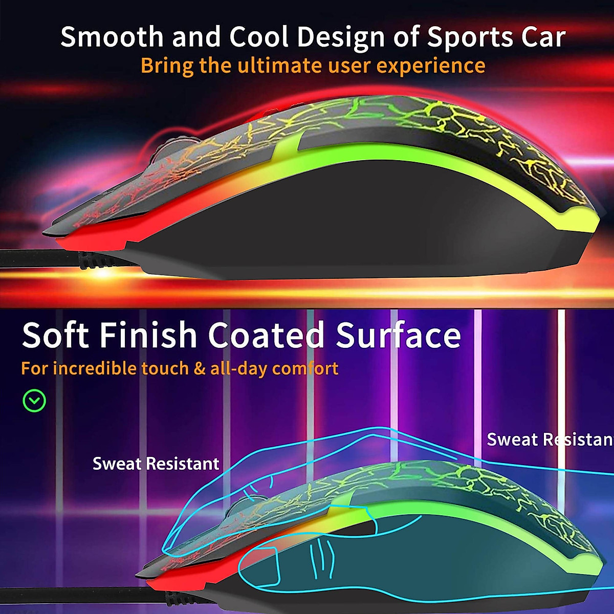 Atrasee RGB Gaming Mouse Wired PC Computer Mice for Laptop, 1200 DPI, 7 Colors LED Backlit, 3 Buttons, USB Ergonomic Optical Mouse for Game Office Windows Mac Linux, Crack