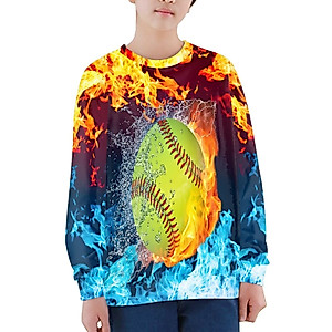 JEOCODY Baseball Crew Neck Sweatshirt Cute Pullover Sweater for Boys Long Sleeve T-Shirt Cool Clothes for Teens Kids Size 8-10 Years