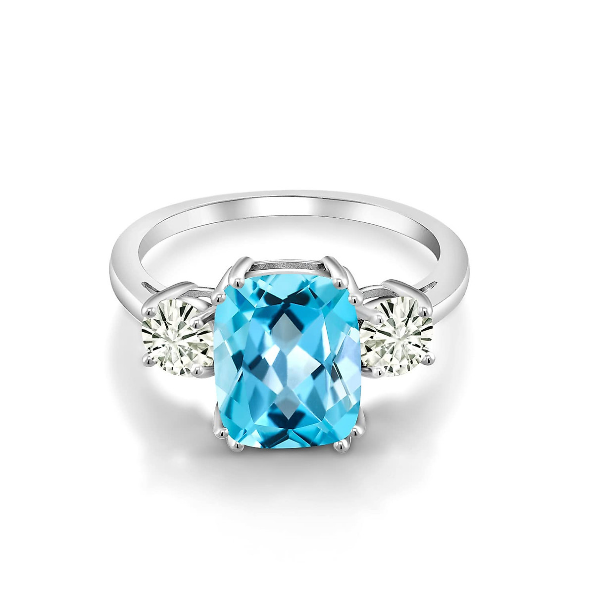 Gem Stone King 925 Sterling Silver Customized and Personalized Build Your Own 3 Stone Round and Cushion Cut Birthstones Ring For Women (Size 6)