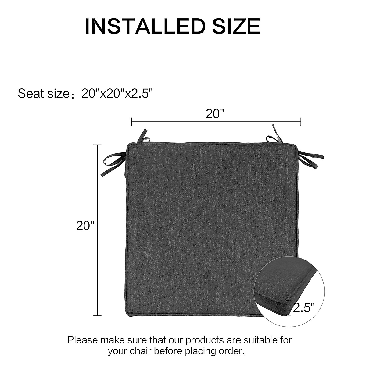 SUPMAISON Pack of 4 Outdoor Seat Cushion with double welt 20" x 20" x 2.5",zipper, foam (Charcoal Dobby)