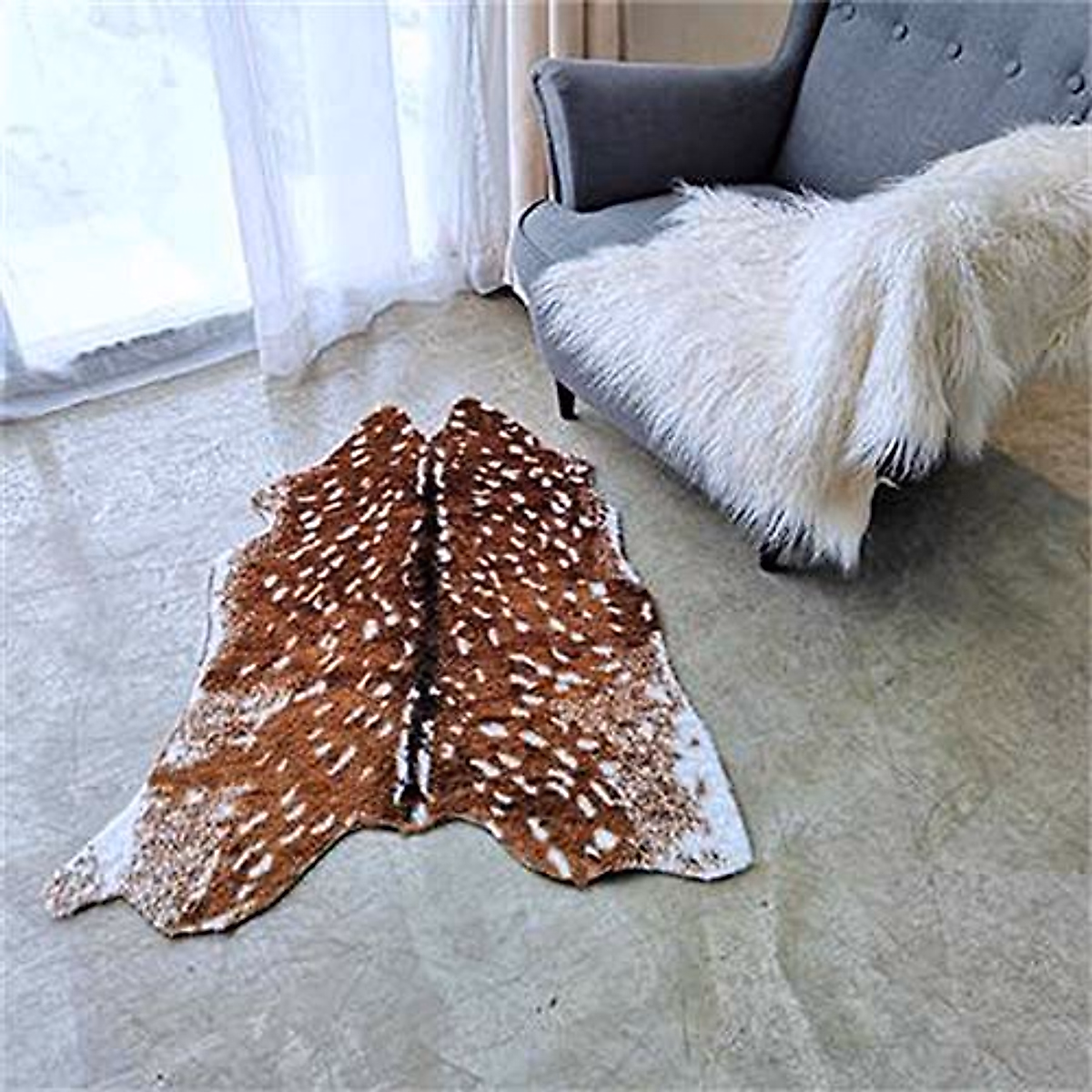 Faux Sika Deer Print Hide Rug Faux Fur Cowhide Area Rug Animals Mat Carpet for Home (3.4ftX2.9ft)