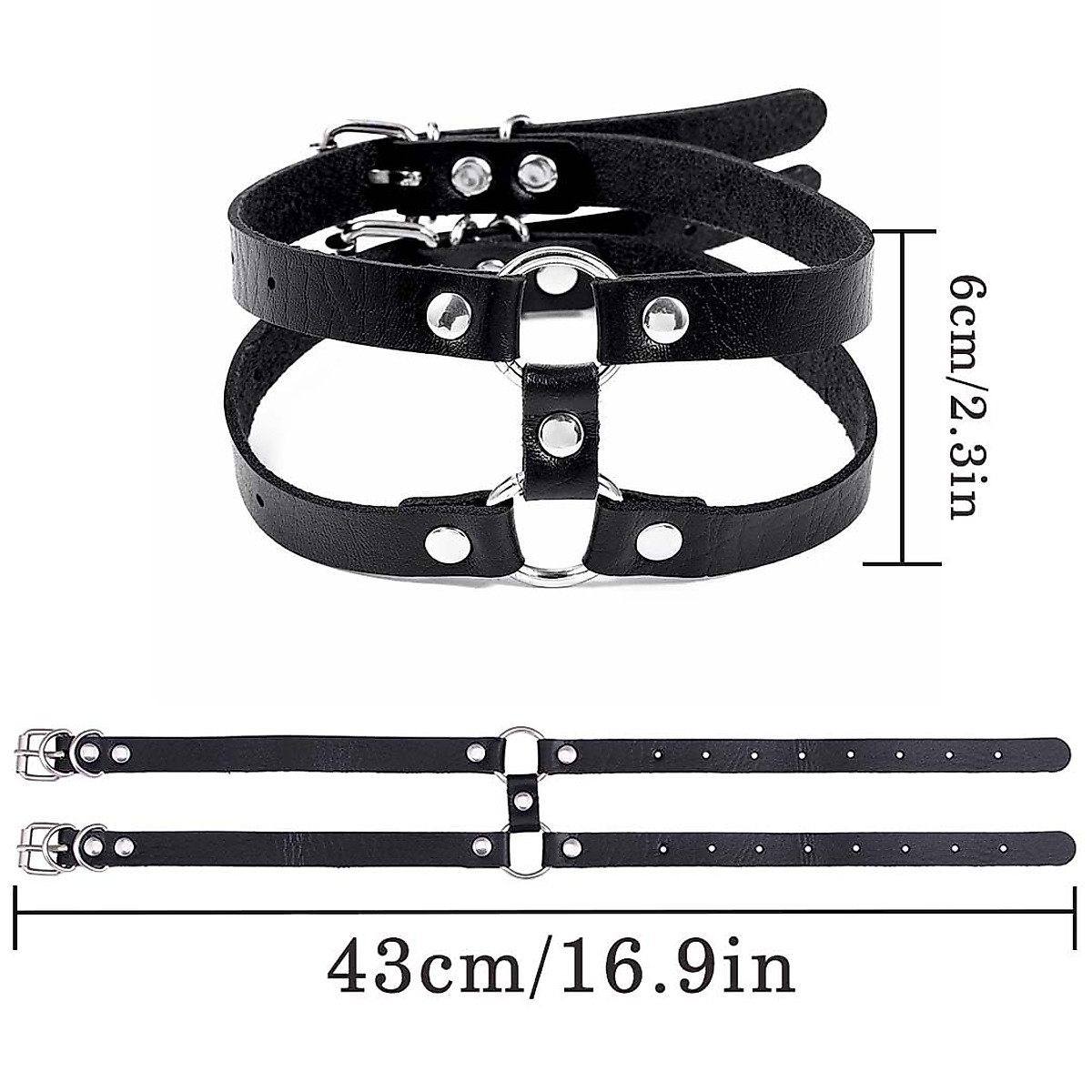 Obmyec Black Leather Choker Punk Short Collar Gothic 2-tier Circle Rivet Necklace Soft PU Leather Short Neck Accessories for Women