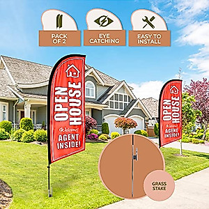 2 Pack Open House Flags Signs Banners or Real Estate Flags for Real Estate Agents or Realtors, with Pole Stake and Carrying Case