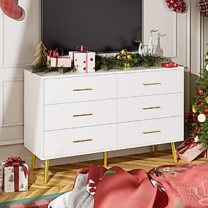 LYNSOM White Dresser for Bedroom, 6 Drawer Wood Double Dresser with Gold Handles, Modern Wide Chest of Organizer Storage Drawers for Living Room, Hallway, Entryway