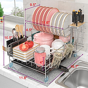 slhsy Dish Drying Rack - Large Capacity Stainless Steel Dish Rack for Kitchen Counter, 2-Tier Detachable Kitchen Organizers and Storage Rack with Drainboard and Cutlery Holder, Silver