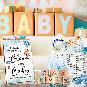 Qilery 75 Pcs Baby Shower Games Sign Kit Including Decorate a Block Game Sign 50 DIY Blank Wooden Block 24 Acrylic Paint Marker Baby Shower Prize for Winners Gender Reveal, Bear (Blue)