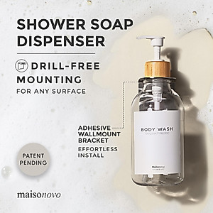 MaisoNovo Shampoo and Conditioner Dispenser - Shower Soap Dispenser Wall Mounted - 16.9 fl oz Set of 3 Clear Plastic Bottles White Bamboo Pump - Shampoo Dispenser, Shower Dispenser 3 Chamber No Drill