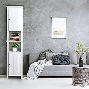Unovivy Tall Bathroom Storage Cabinet Floor Standing Freestanding Linen Tower with 2 Doors & 6 Shelves, 15.7X 11.8X 66.9 Inches, for Living Room, Kitchen, White