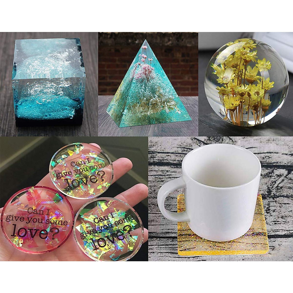 Silicone Resin Molds 5Pcs Resin Casting Molds Including Sphere, Cube, Pyramid, Square, Round with 1 Measuring Cup & 5 Plastic Transfer Pipettes for Resin Epoxy, Candle Wax, Soap, Bowl Mat etc