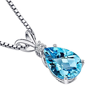 PEORA 14K White Gold Swiss Blue Topaz with Diamond Pendant for Women, Natural Gemstone Birthstone Teardrop Solitaire, 2.30 Carats total Pear Shape 10x7mm