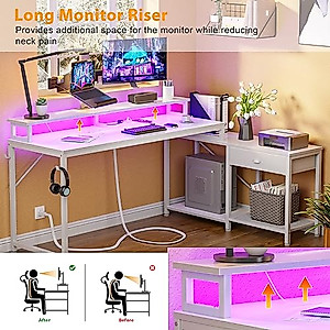 Furologee White L Shaped Desk with LED Lights & Power Outlet, Reversible Corner Computer Desk/91in Long Desk with Fabric Drawer and Shelves, Home Office Gaming Table with Monitor Stand-(55.1+39.4) in