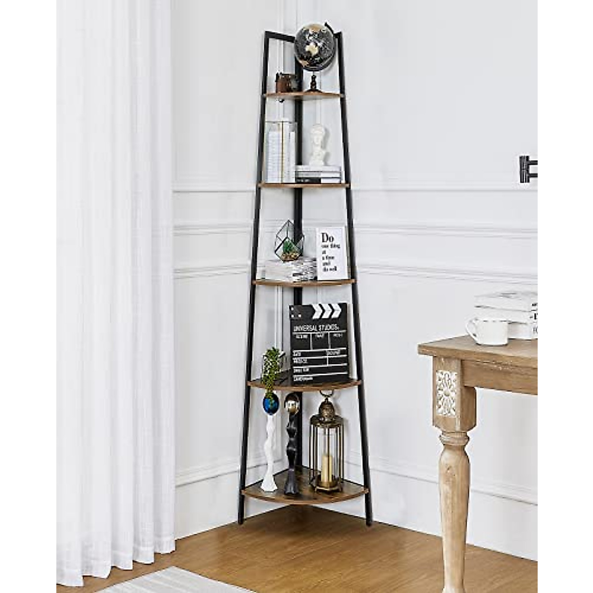 Pshelfy 5-Tier Corner Shelf, Rustic Corner Bookshelf Bookcase Multipurpose Corner Ladder Shelf Plant Stand for Living Room, Kitchen, Home Office Small Space (Brown)