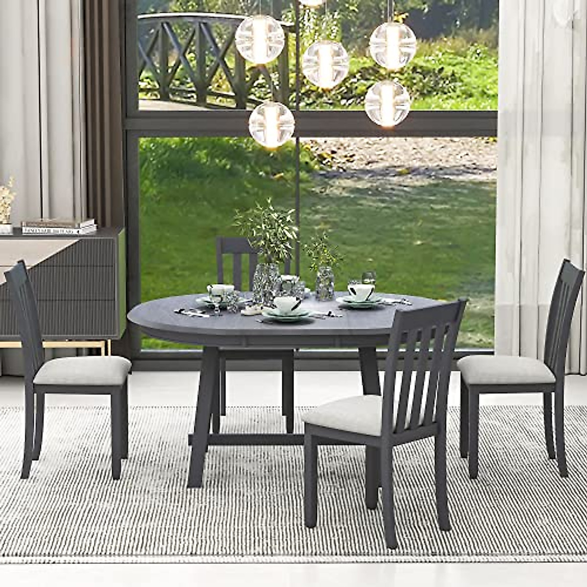 BIADNBZ 5-Piece Dining Table Set with Round Extendable Tabletop and 4 Padded Chairs, Modern Kitchen Furniture for DiningRoom, Space Saving Design, Gray