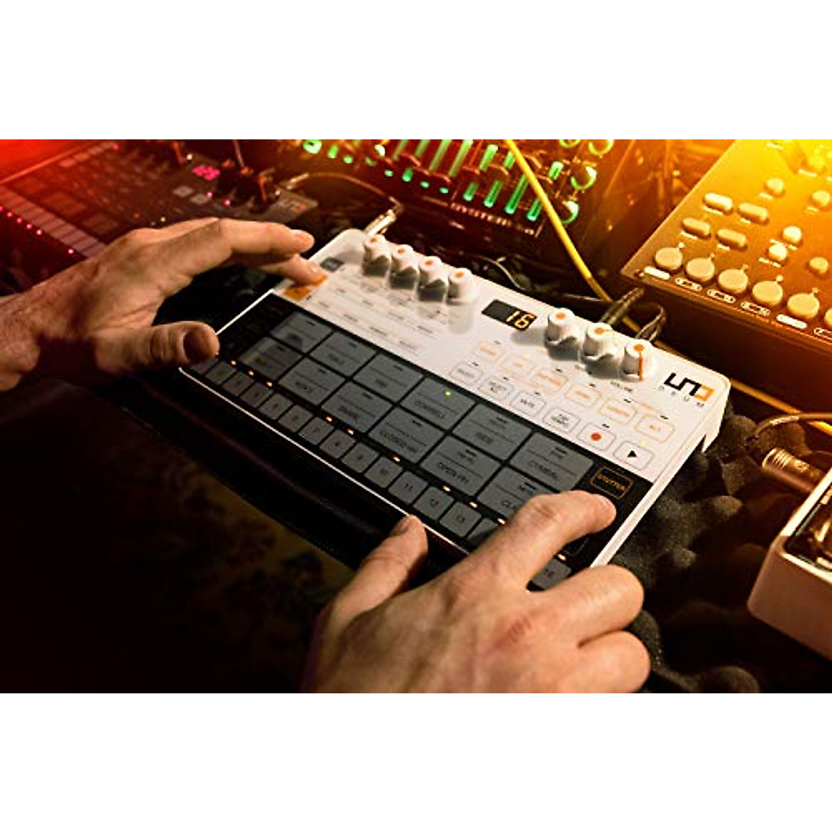 IK Multimedia UNO Drum analog and digital drum machine with 6 analog voices, 64-Step Sequencer, USB and 2.5mm MIDI, 100 pattern presets, battery-powered and portable