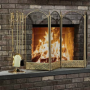 UniFlame Polished Brass Finish 5-Piece Fireplace Tools Set with Heavy Weight Steel Construction