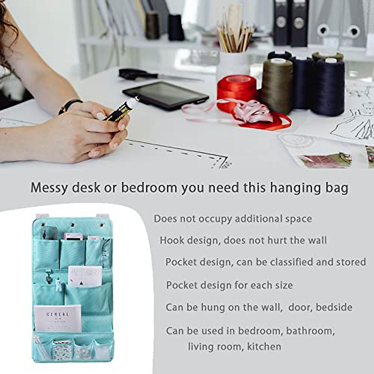 HSLFUAI Hanging Storage Bag for Bathroom, Behind Door, Bedroom, Washing Table Storage, Multifunctional Storage Bag with 3 Sticky Wall Hooks (3Layer, Blue)
