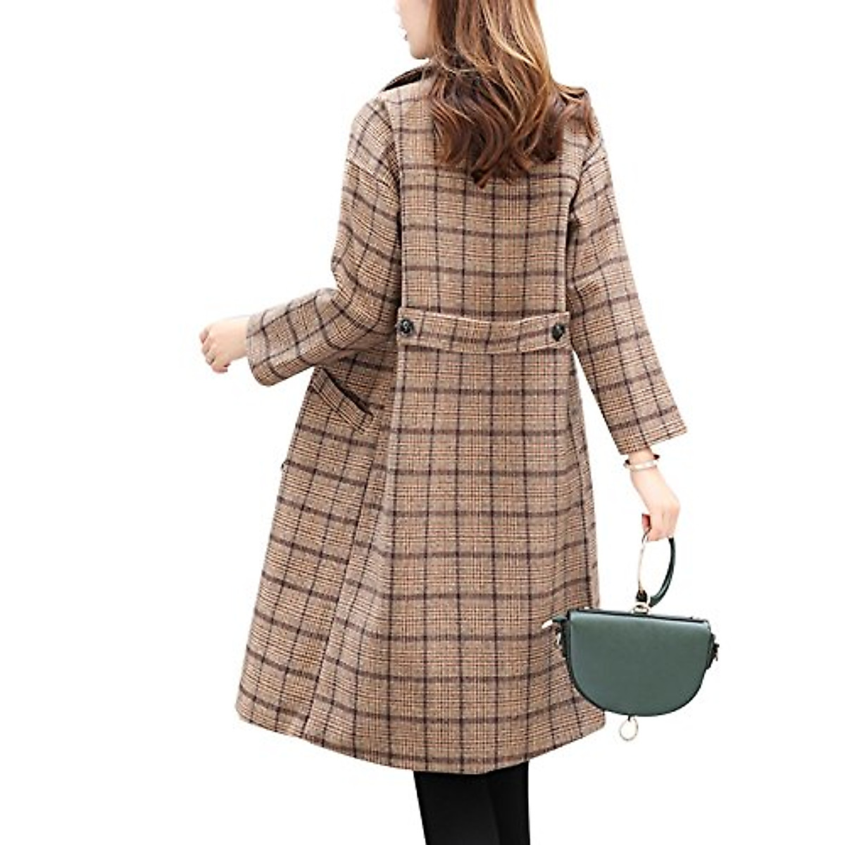 Tanming Women's Double Breasted Long Plaid Wool Blend Pea Coat Outerwear (Brown-M)