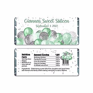 Glitter Balloons Personalized Candy Bar Wrappers for Chocolate, Birthday Party Favors, Hershey Bar Labels, Pack of 20, Assorted Colors (Green)