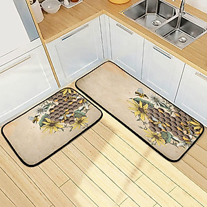 ALAZA Honey Bee Flower Vintage 2 Piece Kitchen Rug Floor Mat Set Runner Rugs Non-Slip for Kitchen Laundry Office 20" x 28" + 20" x 48"