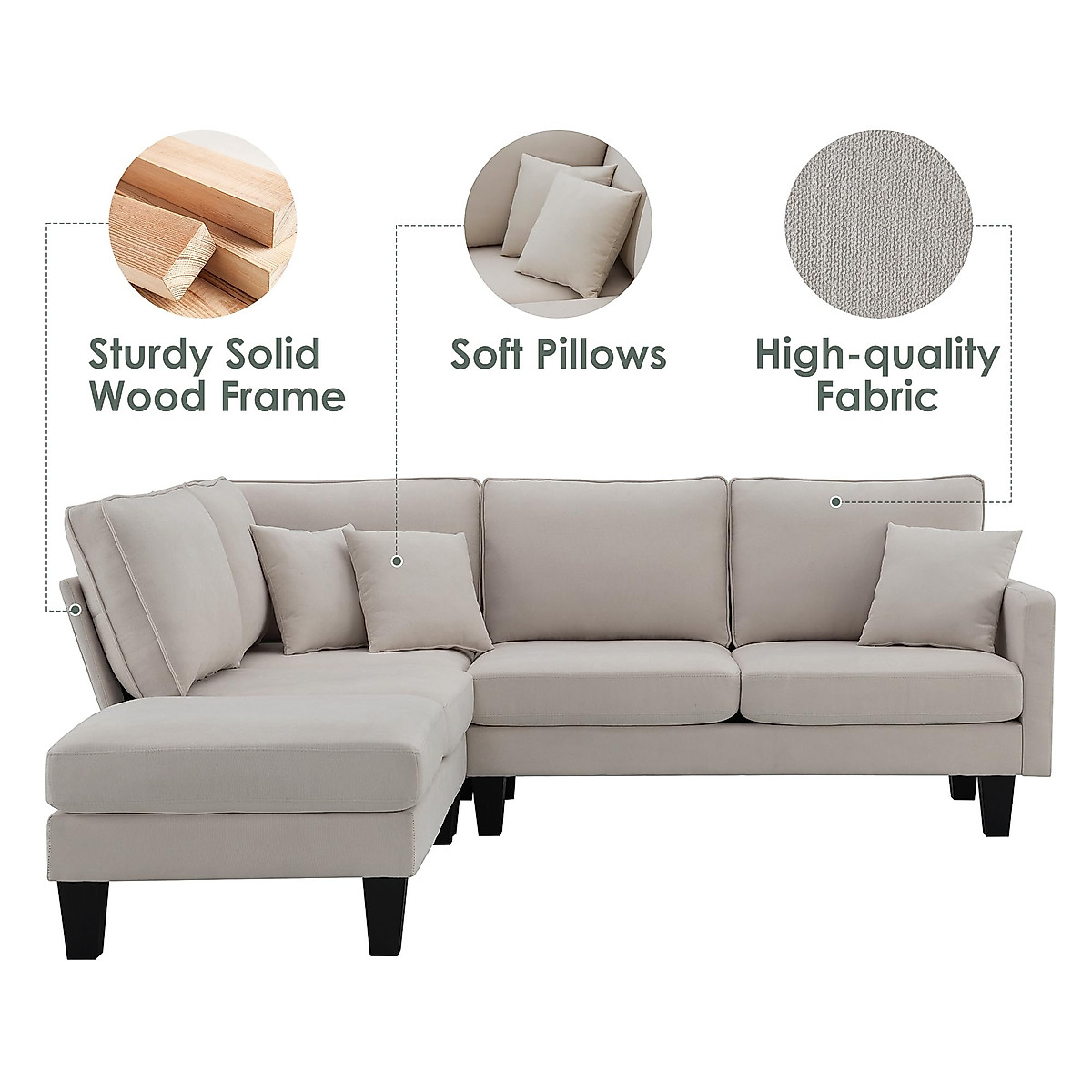 Jeffski 90" L-Shaped Sectional Sofa, 5-Seat Terrycloth Modern Sofa Couch with Chaise Lounge and 3 Pillows for Living Room, Apartment, Office, Beige