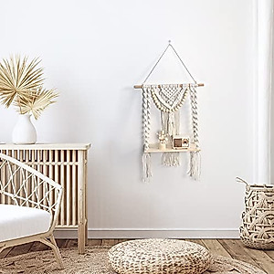 Macrame Shelf Wall Hanging Boho Shelves for Home Decor, Handmade wooden hanging shelf Bohemian home decor Wall Display Rack,Macrame Shelf Wall Hanging Boho Decor for Bedroom, Living Room, Natural.