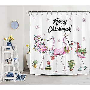 WEENEO Merry Christmas Shower Curtain Funny Pink Flamingo and Cactus Plant with Xmas Decorations on White Shower Curtain for Bathroom Winter Holiday Fabric Bath Curtain with 12pcs Hooks,78x72 Inch