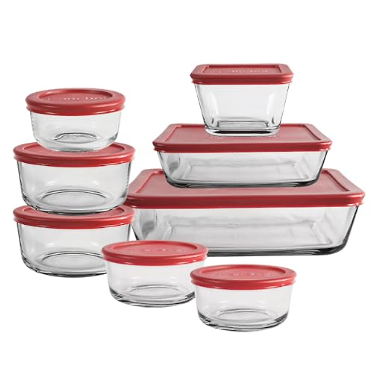 Anchor Hocking 16 Piece Glass Storage Containers with Lids (8 Glass Food Storage Containers & 8 Red SnugFit Lids)