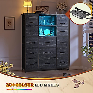 EnHomee 51" H Tall Dressers with Hutch 15 Drawer Dresser for Bedroom with Charging Station & LED Lights Sturdy Black Bedroom Dresser,Steel Frame, Wood Top, 51.2" H x 39.3" W x 11.8" D