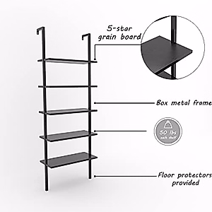Furmax 5-Shelf Bookcase Wall Mount Bookshelf Modern Ladder Shelves with Wood Board and Industrial Metal Frame, for Home Office, Living Room, Bedroom, Entryway and Hallway (Black)