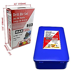 MaxTool 29 Pieces Drill Set 29PCs/29-Piece Twist Drill Bit Set High Speed Steel M2 Fully Ground 1/16“ to 1/2”x64th Fractional; JBS02H10R029P
