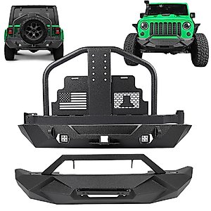 SCITOO Rront Bumper + Rear Bumper w/Tire Carrier Textured Black for 2007-2018 for Jeep Wrangler JK Rock Crawler Bumper w/Winch Plate with D-ring