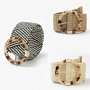 eYLun Women Straw Woven Belt Elastic Braided Stretch Waist Belt Ladies Boho Buckle Dress Buckle Belt Beige