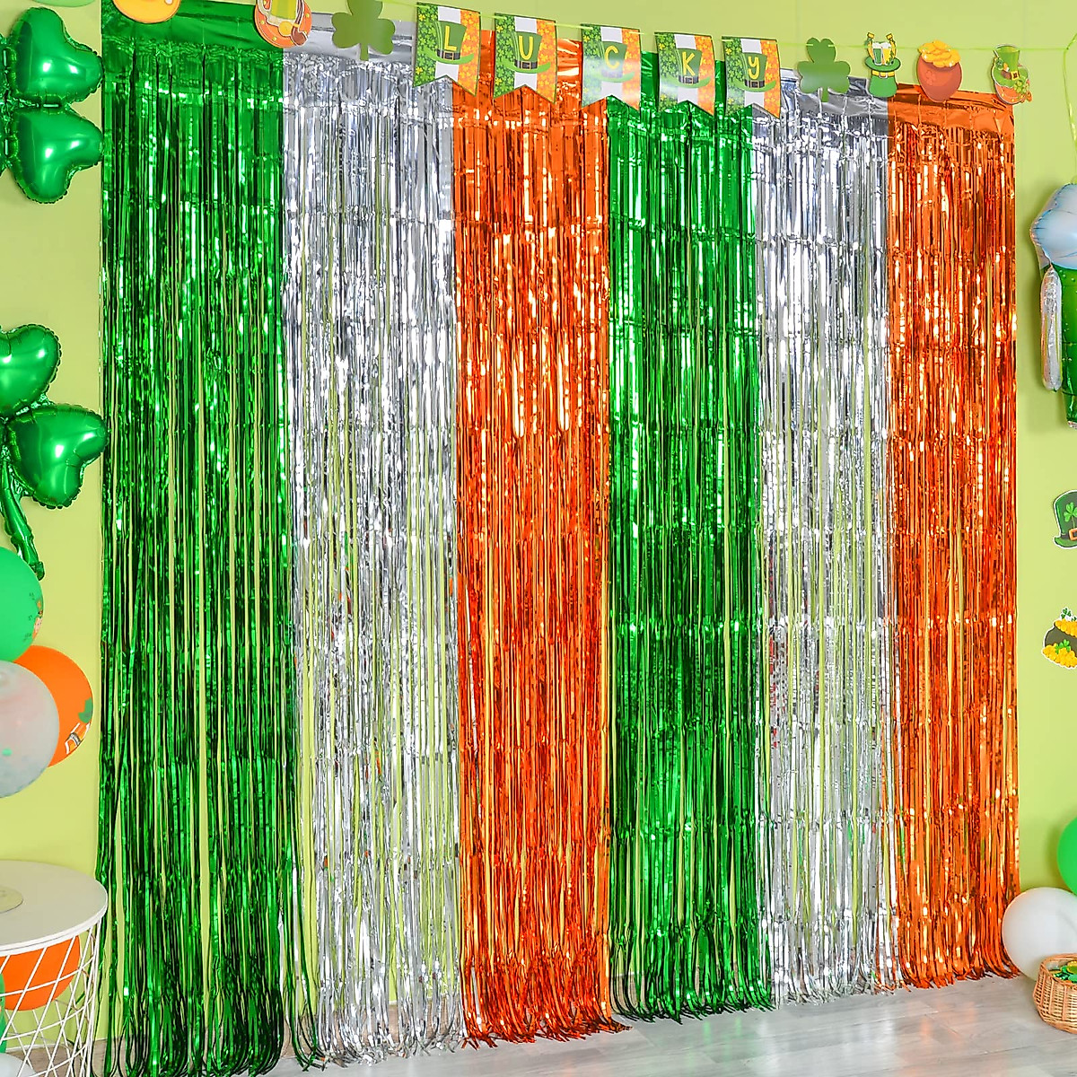 LOLStar 3 Pack St. Patrick's Day Foil Fringe Curtains St Patricks Day Party Decoration 3.3x6.6 ft Green White Orange Tinsel Fringe Curtain Photo Booth Prop Streamer Backdrop for Irish Party Decoration