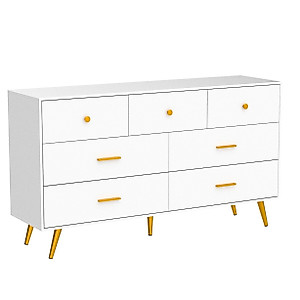 SOSPIRO 7 Drawer Dresser for Bedroom, Modern White Gold Dresser with Wide Drawers and Power Outlets, Long Chest of Drawers for Living Room Hallway Entryway, White