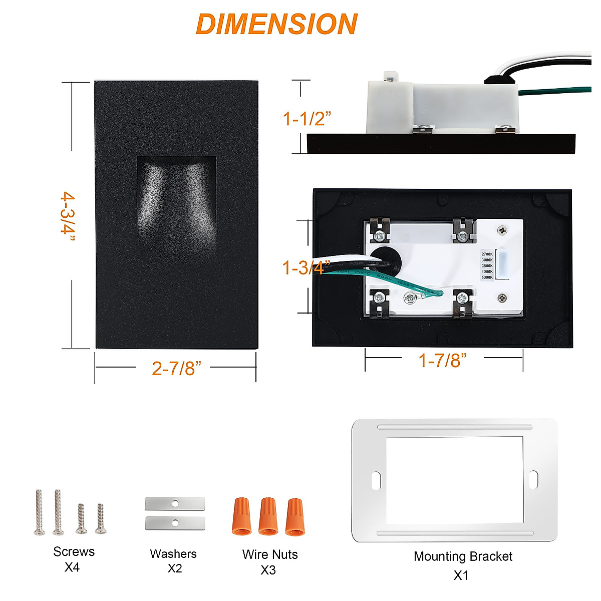 CLOUDY BAY 120V Dimmable 5 Color LED Indoor Outdoor Step Light,2700K/3000K/3500K/4000K/5000K 3W 35lm,Stair Lights,Black,6 Pack